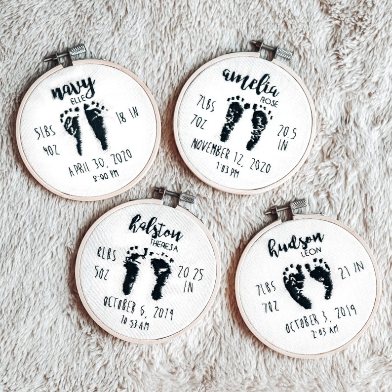 Baby Footprints & Birth Stats Embroidery | New Baby Gift, Nursery Decor ...