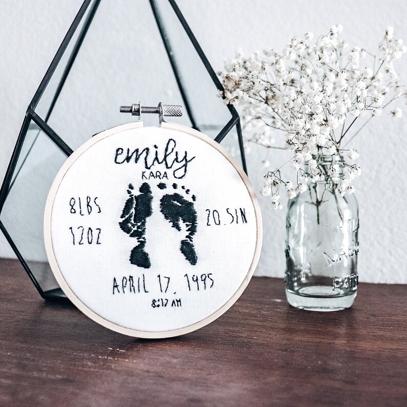 Baby Footprints & Birth Stats Embroidery | New Baby Gift, Nursery Decor ...