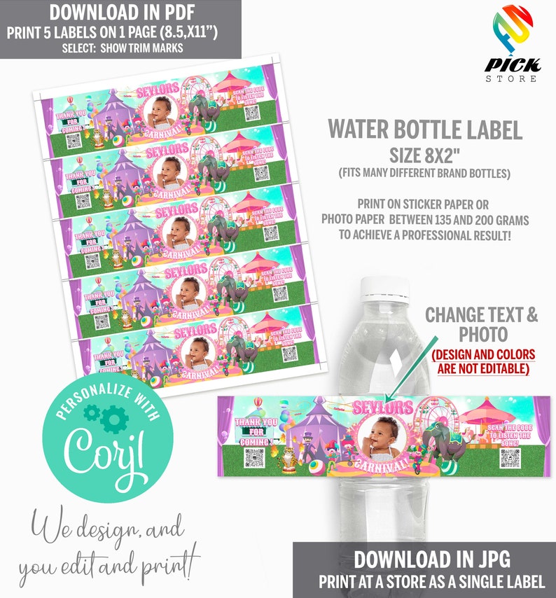 Pink Circus Water Bottle Labels: Girly Carnival Birthday (DIY Digital ...