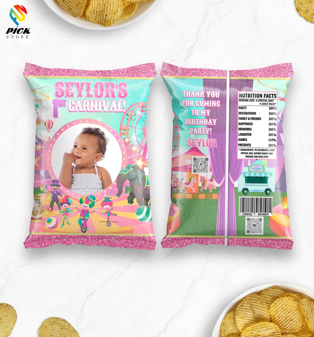 Girly Circus Chips Bag Pink Circus Party Snack Bag Circus-themed Custom ...