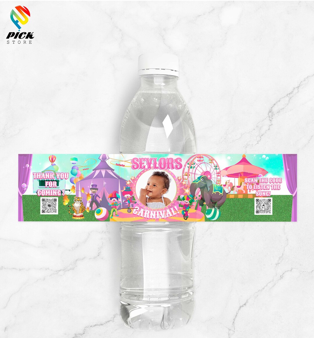 Pink Circus Water Bottle Labels: Girly Carnival Birthday (DIY Digital ...