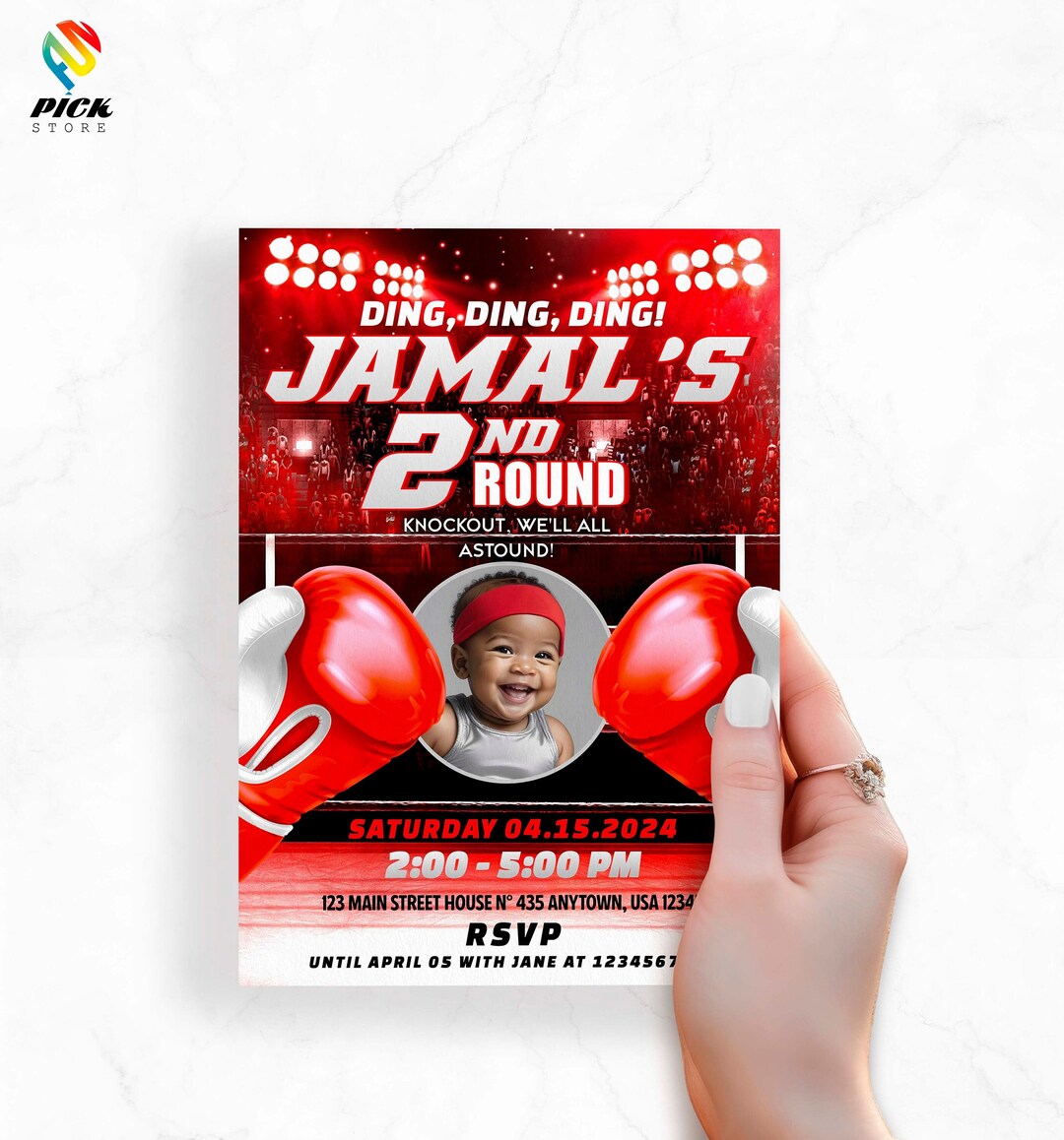 Red Ring Invitation, Boxer Card Invitation, Gloves Custom Invite, Round ...