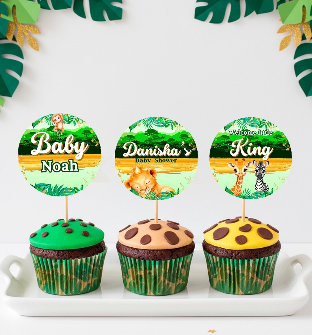 Baby Lion Baby Shower Cupcake Toppers: Safari Round Sticker in Canva ...