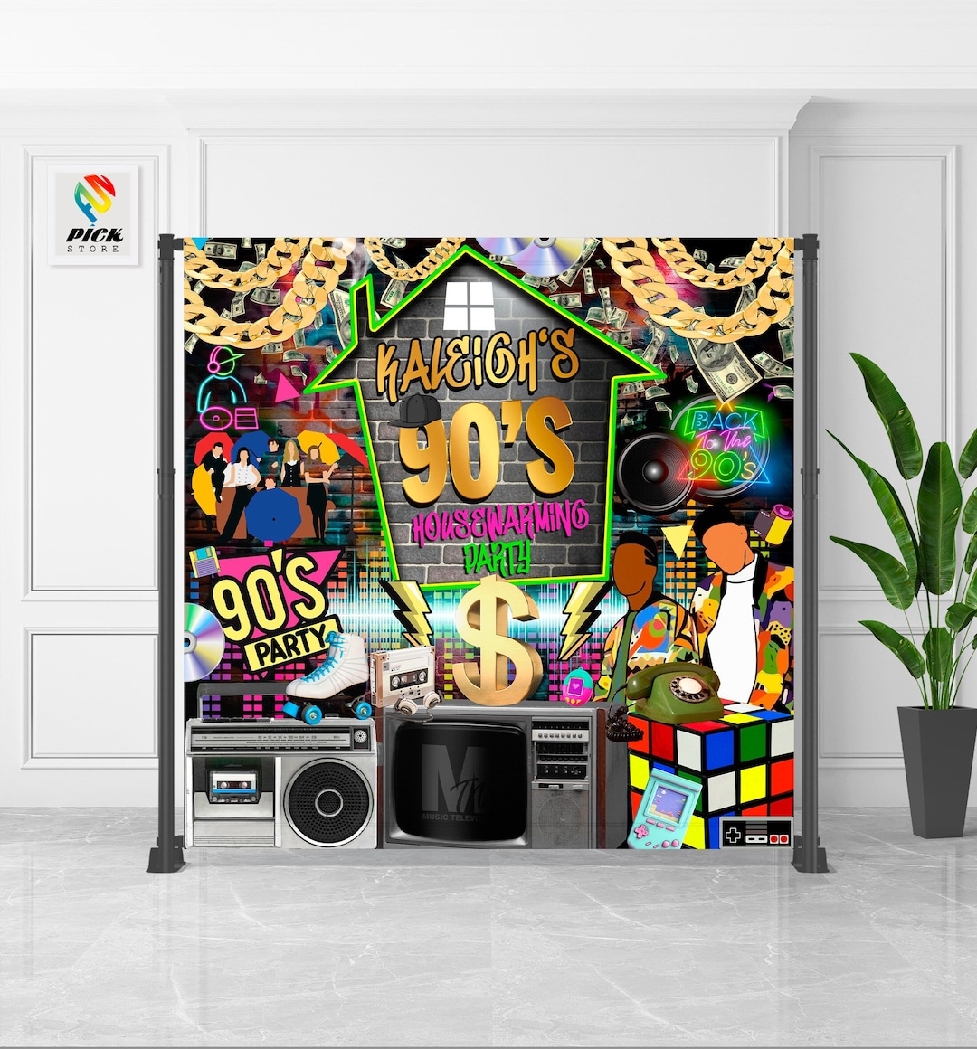 Back to the 90s Backdrop, 90s Theme Banner, Throwback Party, House ...