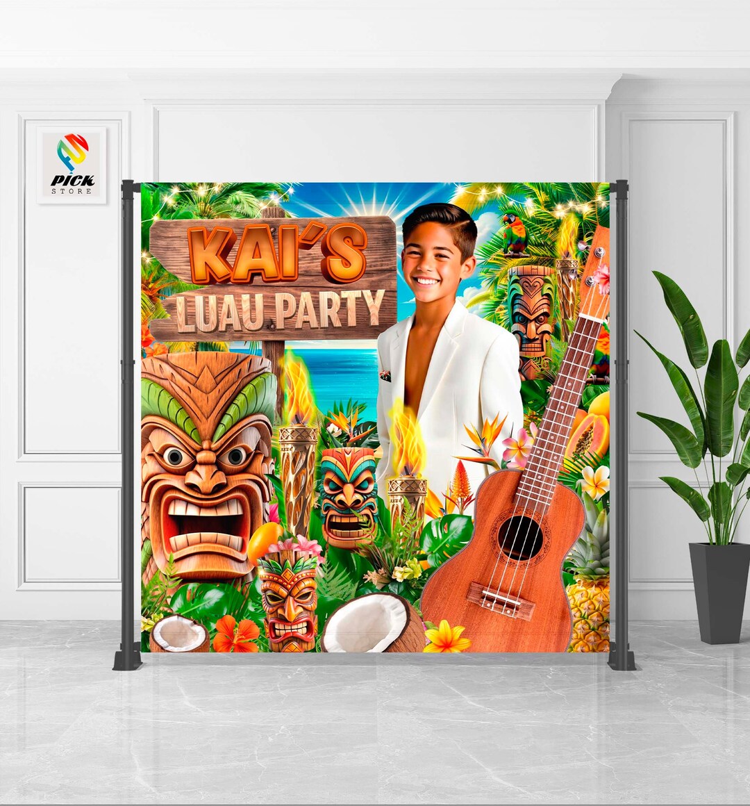 Hawaiian Tiki Backdrop, Beach Banner, Tropical Wall Decor, Ukulele ...