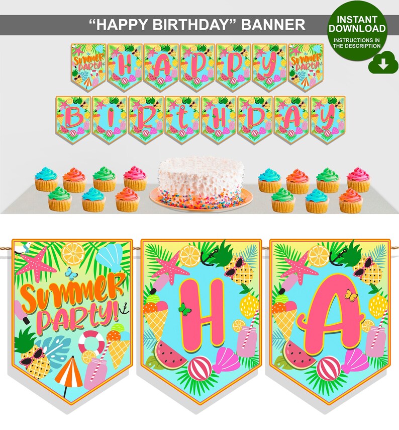 DIGITAL Summer Happy Birthday Banner Summer Pennant - Etsy