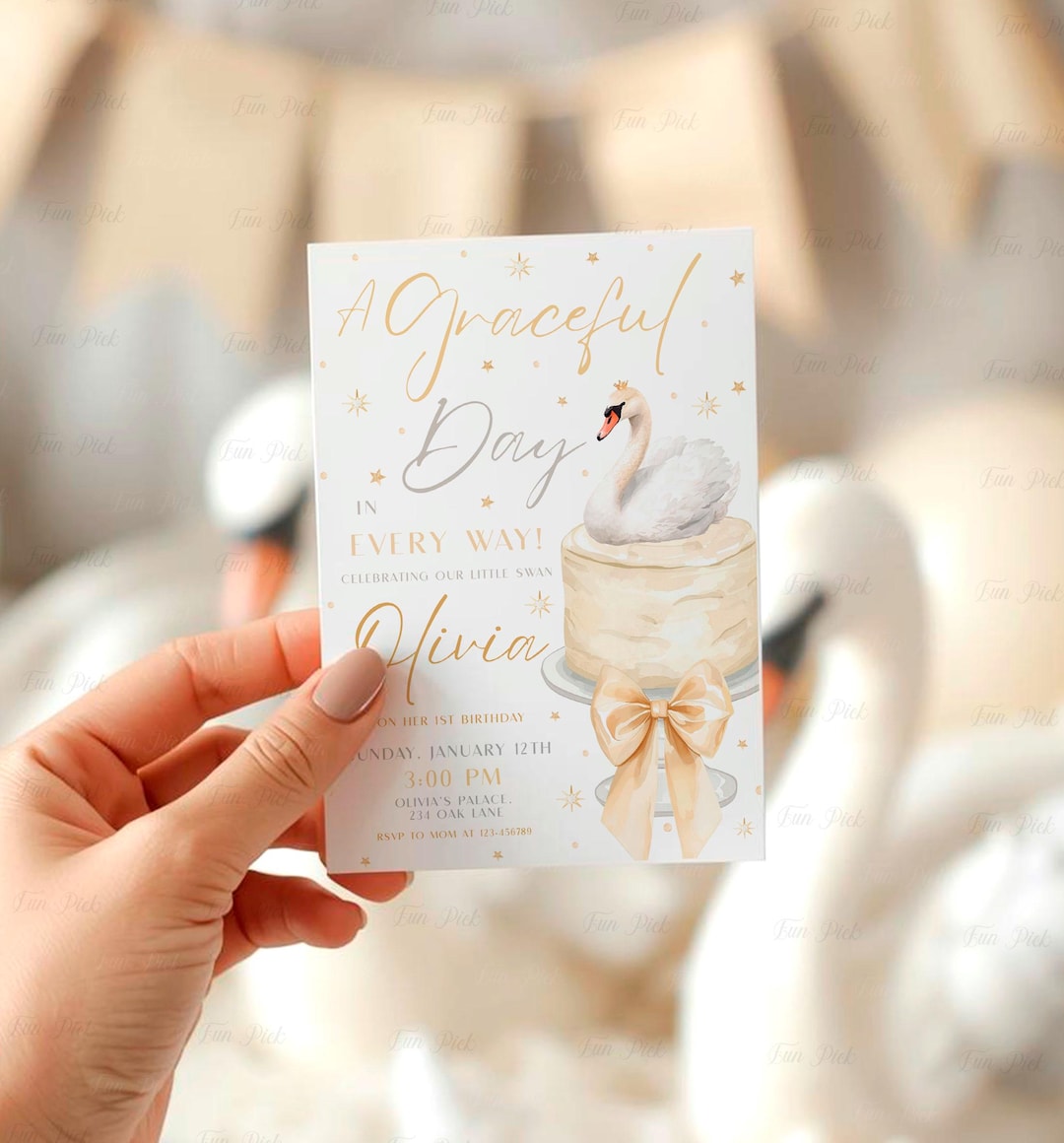 Swan First Birthday Invitation: Princess Swan Cake, Gold Stars(digital ...