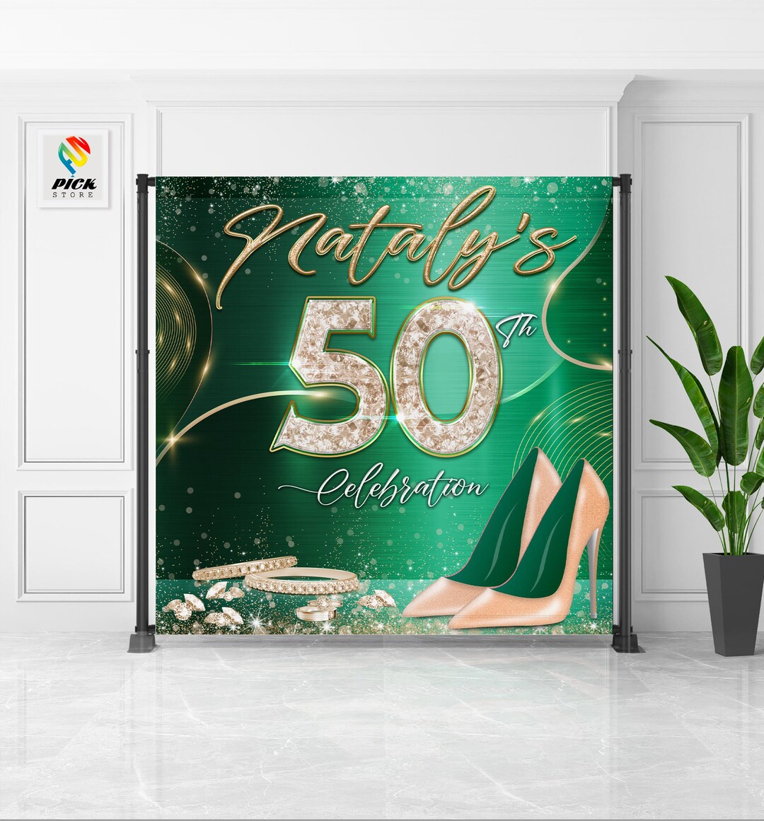 Emerald and Gold Backdrop | Stiletto Heels Banner | Diamonds Custom ...