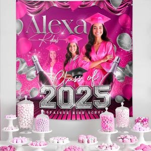 Pink Graduation Banner: Custom Photo Backdrop, Class of 2025 (digital ...