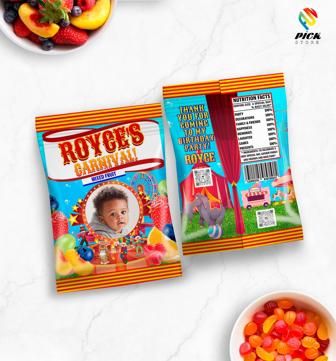 Editable Circus Fruit Snack Wrapper Carnival Party Favor Label Circus ...