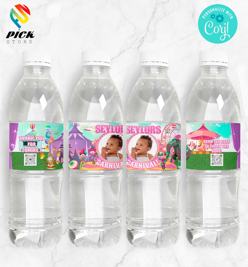Pink Circus Water Bottle Labels: Girly Carnival Birthday (DIY Digital ...