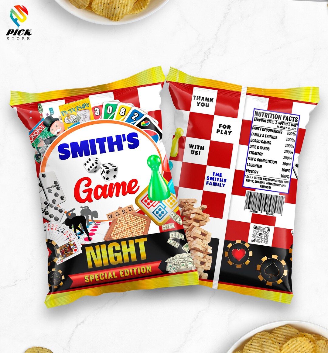 Game Night Chip Bag Wrapper Board Games Snack Bag Tabletop Games Custom ...