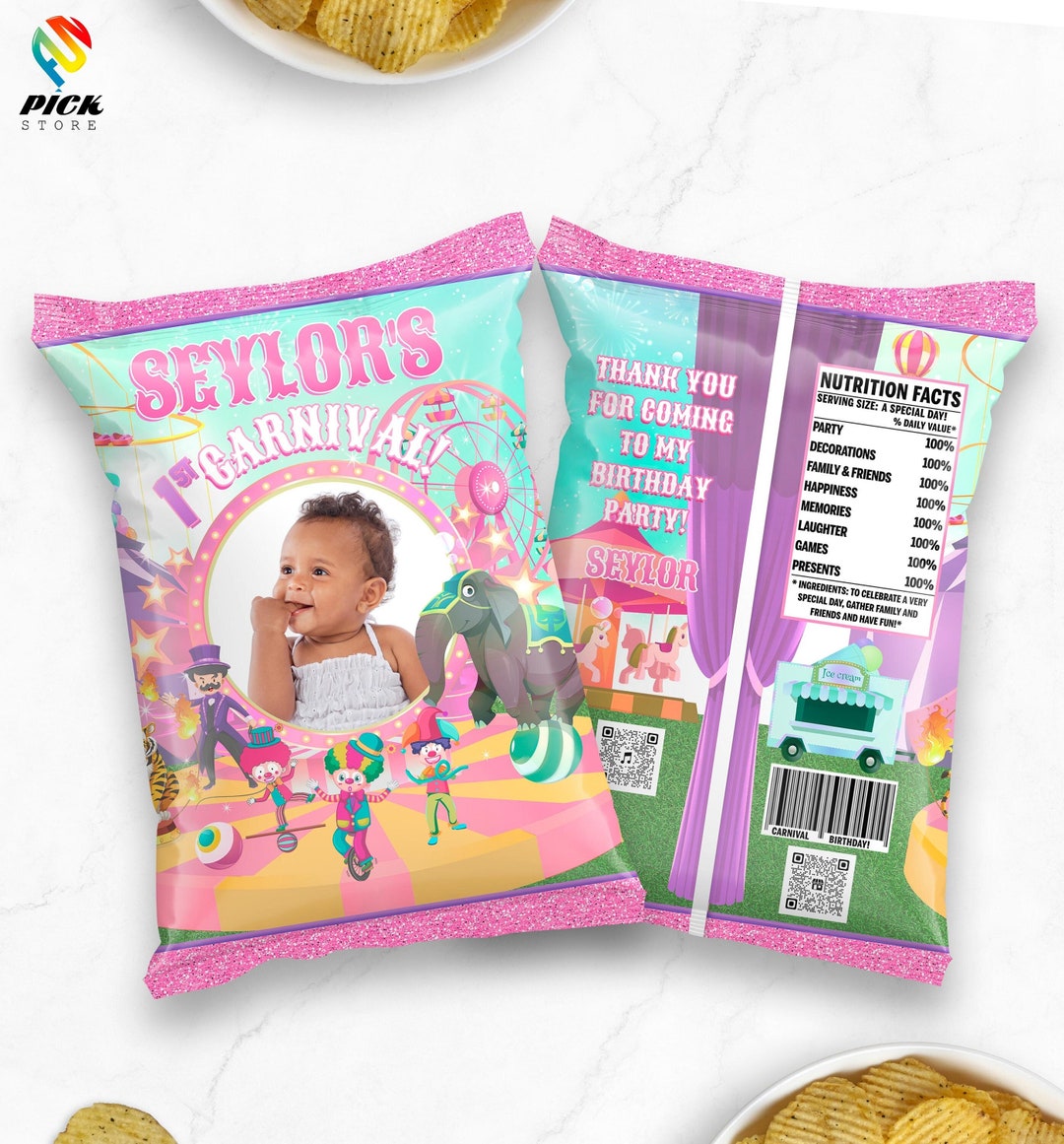 Pink Circus Chip Bag Wrapper: Carnival Party Favor (DIY Digital ...