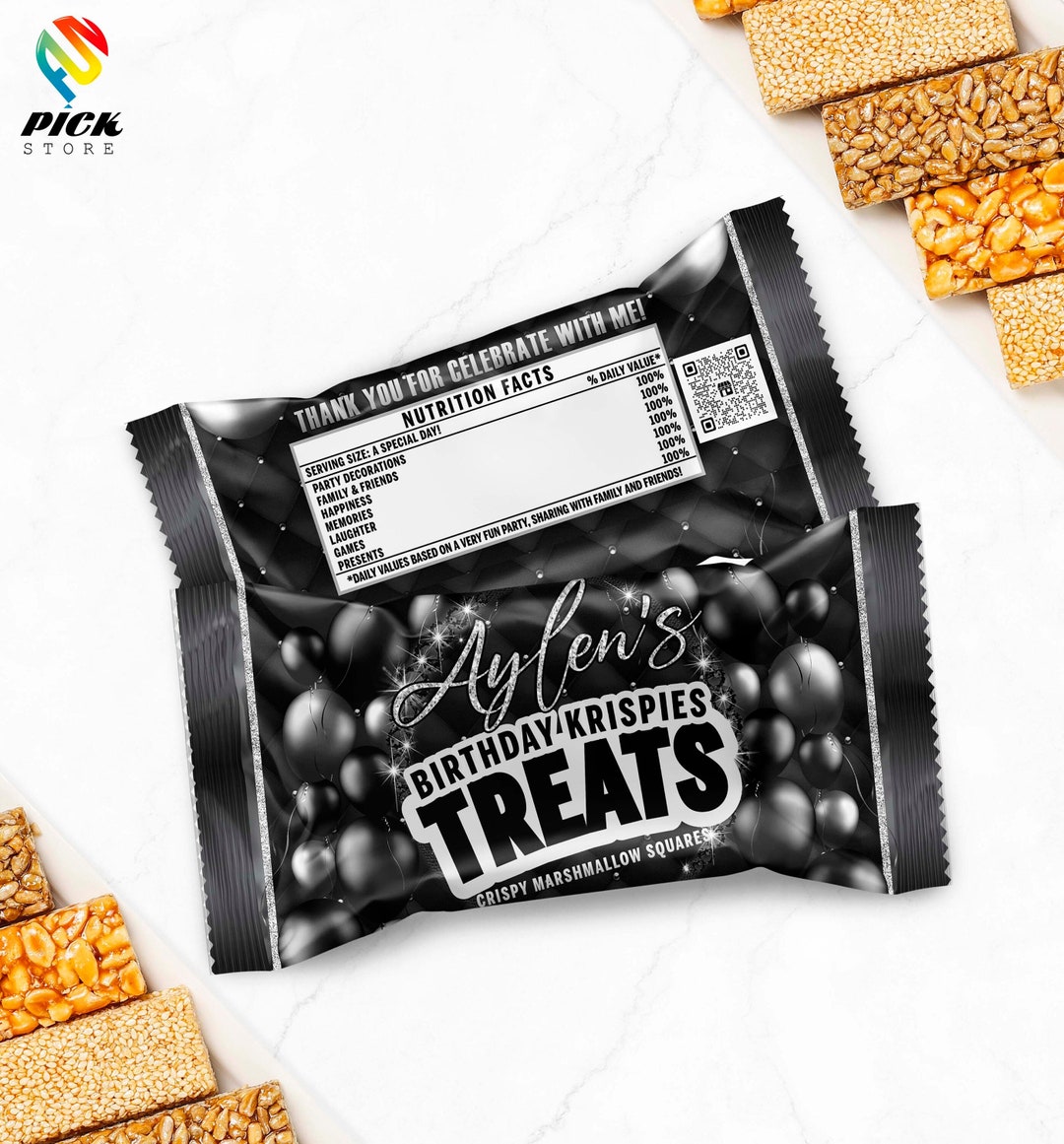 Black Birthday Krispies Treat Wrapper: Glam Party Favor (digital ...