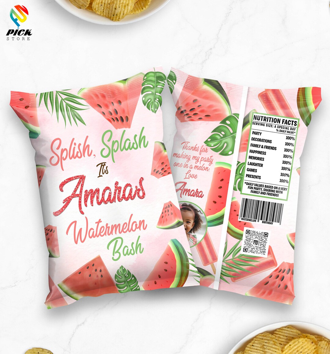 Watermelon Chip Bag Wrapper, Summer Fruits Snack Bag, Fruits Custom Bag ...