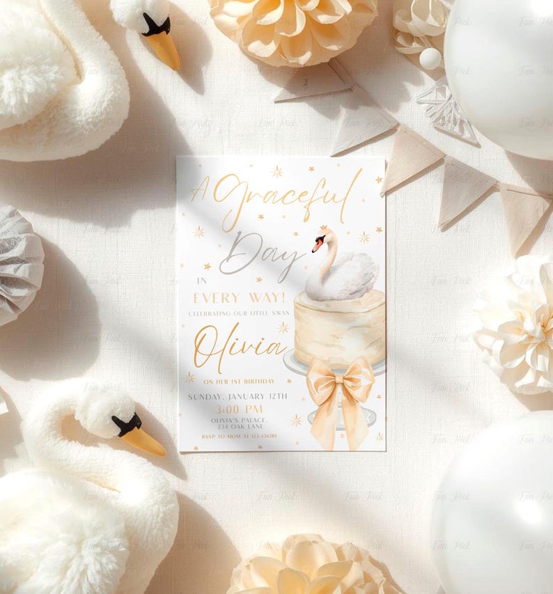 Swan First Birthday Invitation: Princess Swan Cake, Gold Stars(digital ...