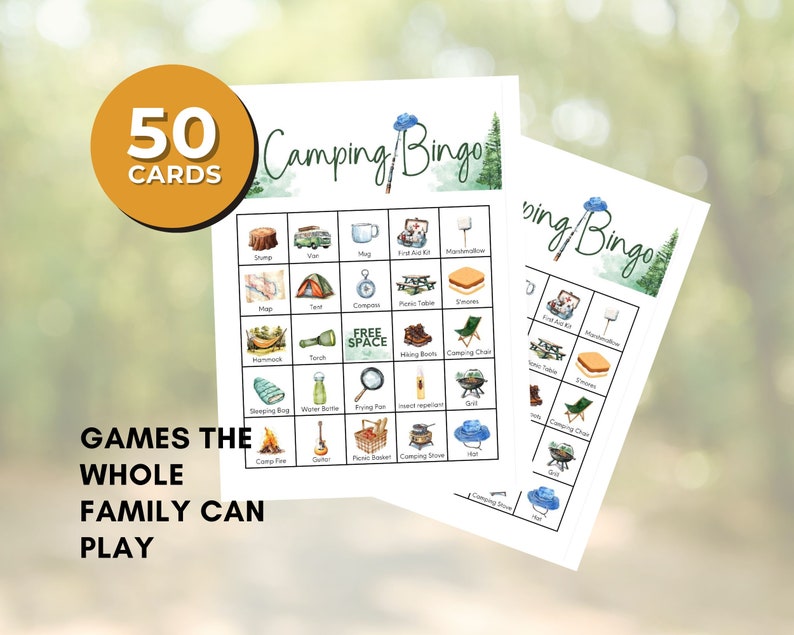 50 Printable Camping Bingo Cards| Camping Picture Bingo| Camping Party ...