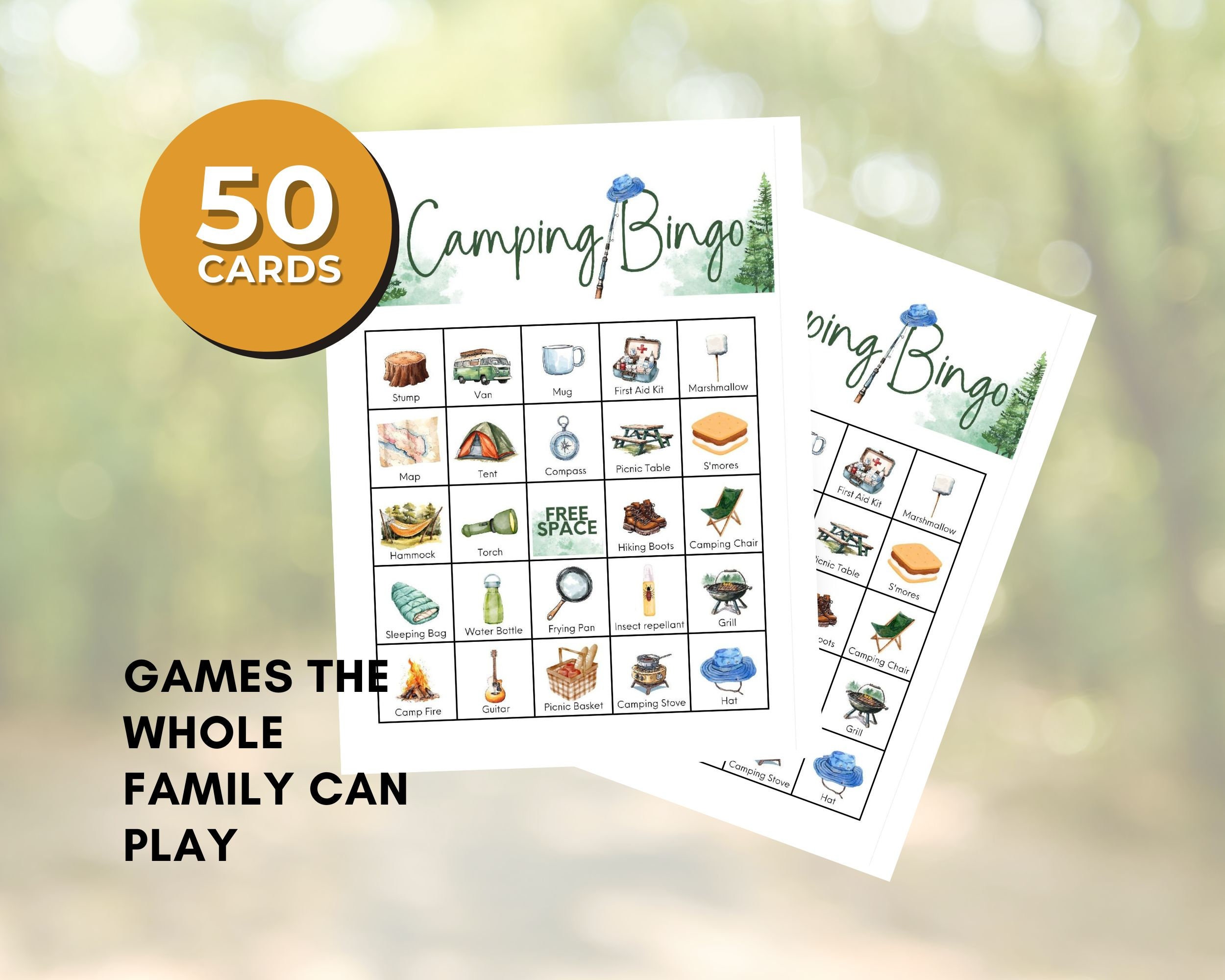 50 Printable Camping Bingo Cards| Camping Picture Bingo| Camping Party ...