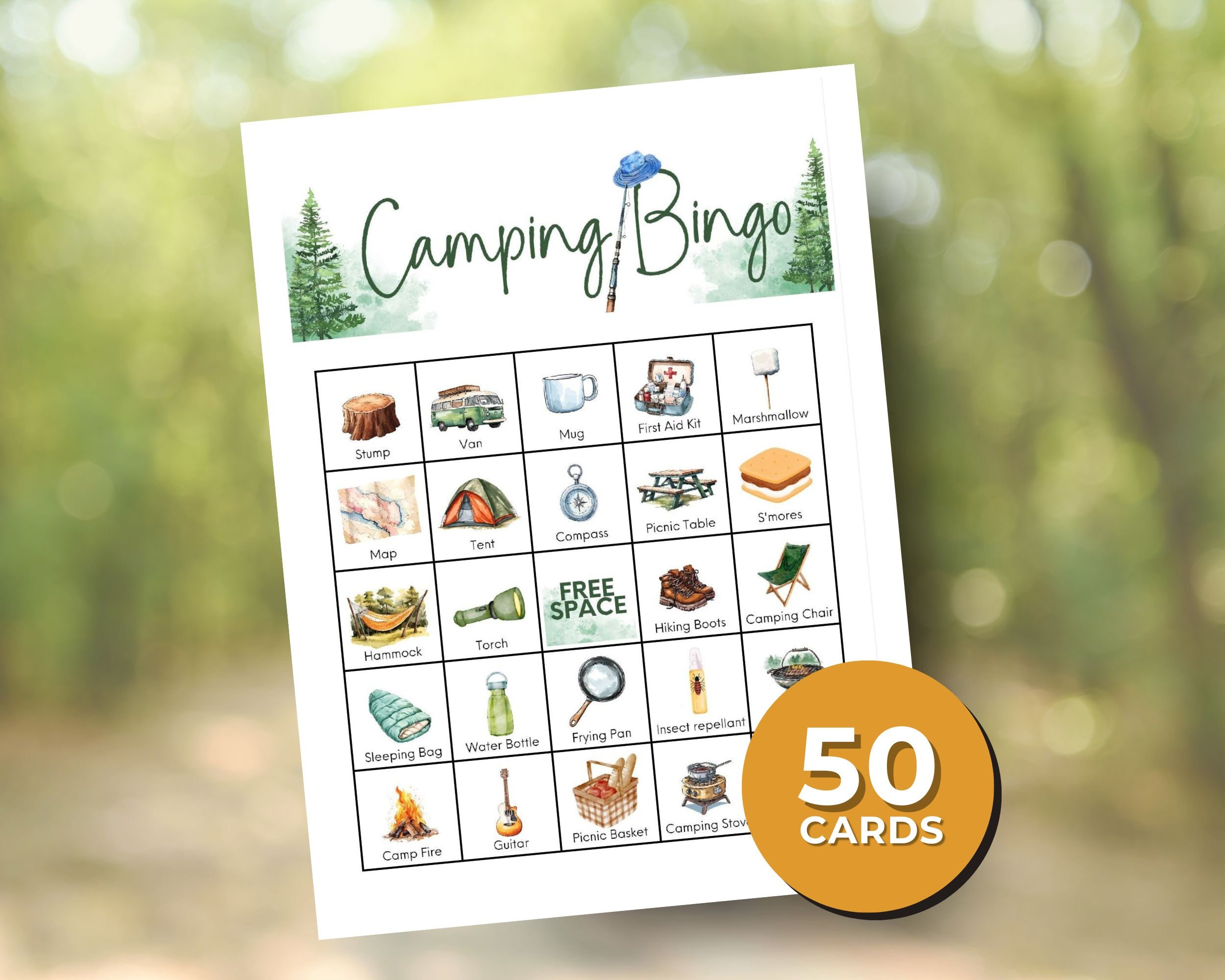 50 Printable Camping Bingo Cards| Camping Picture Bingo| Camping Party Game| Classroom Party ...