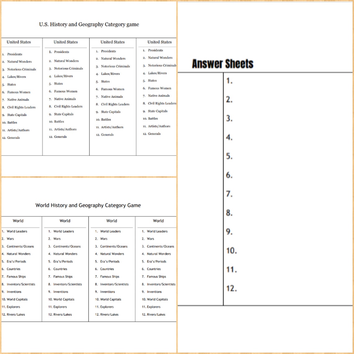 History Geography Scattergories Game - Word Game - Homeschool Games - Etsy