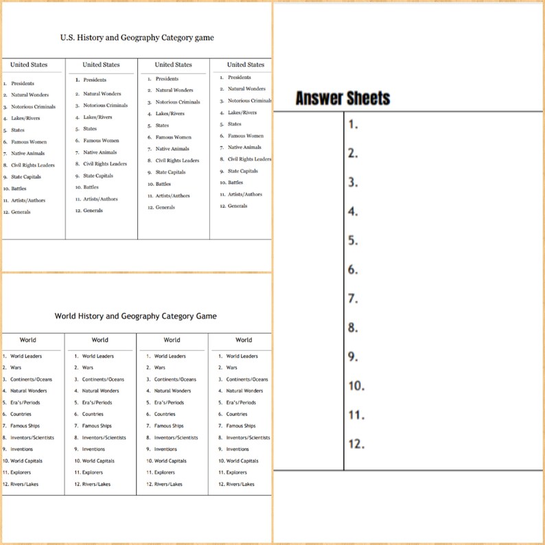 History Geography Scattergories Game - Word Game - Homeschool Games - Etsy