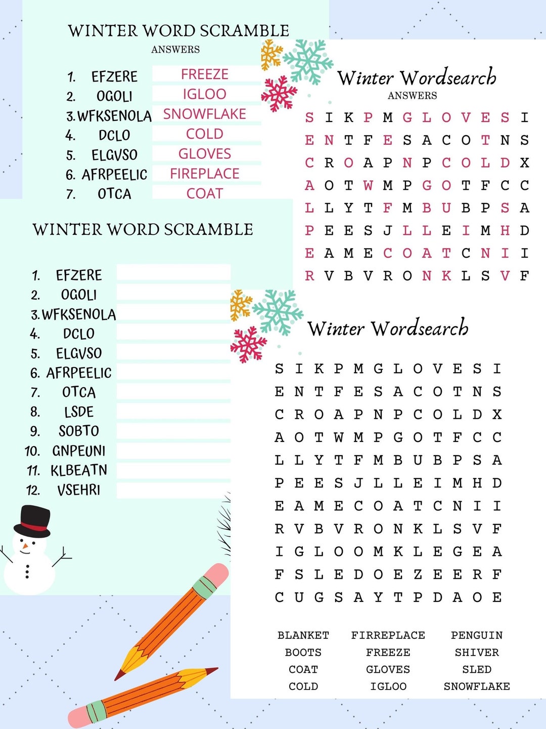 Winter Word Games - Word Search - Word Game - Kids Game - Etsy