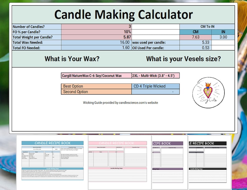 Candle Making Spreadsheet, Wicking, Wax, Fragrance Load Calculator, and ...
