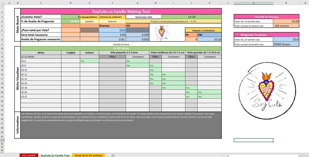 Candle Making Spreadsheet, Wicking, Wax, and Fragrance Load Calculator ...