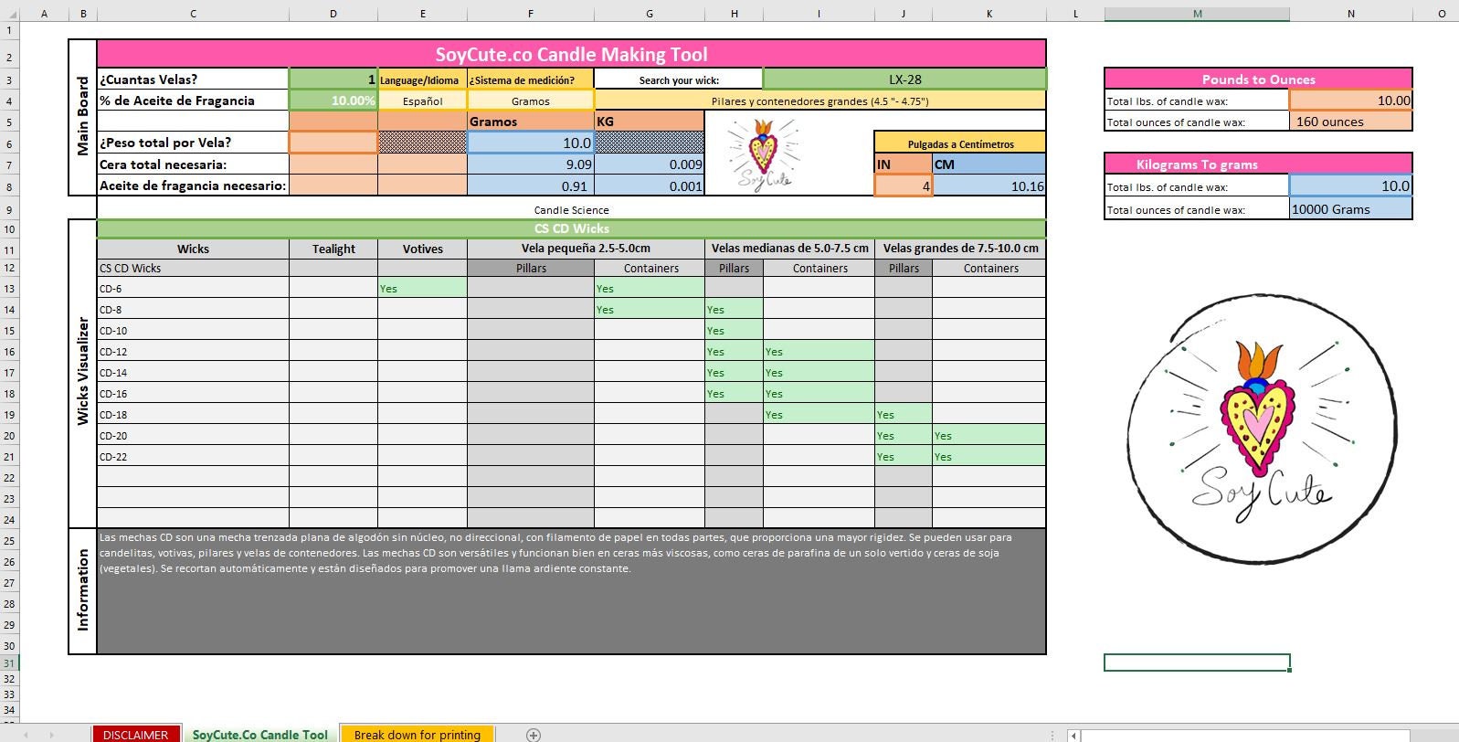 Candle Making Spreadsheet, Wicking, Wax, and Fragrance Load Calculator ...