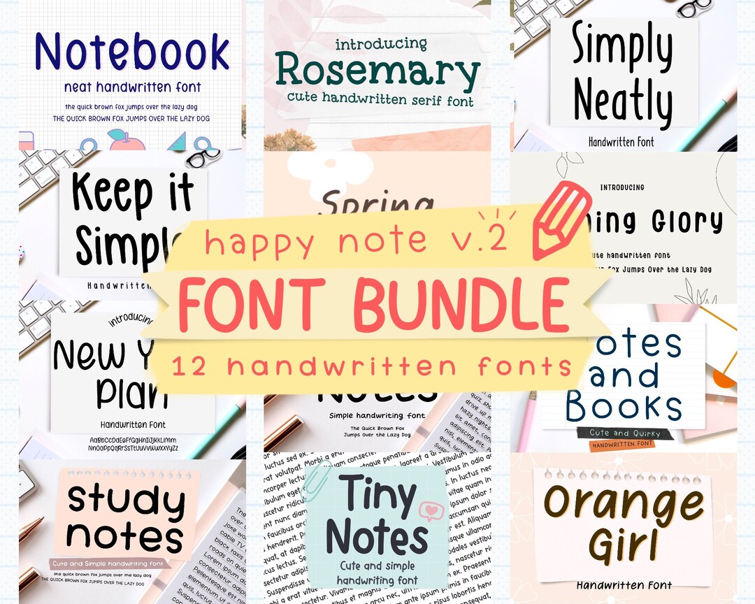 Happy Note 2 Handwritten Font Bundle, Handwriting Font Bundle, Neat ...