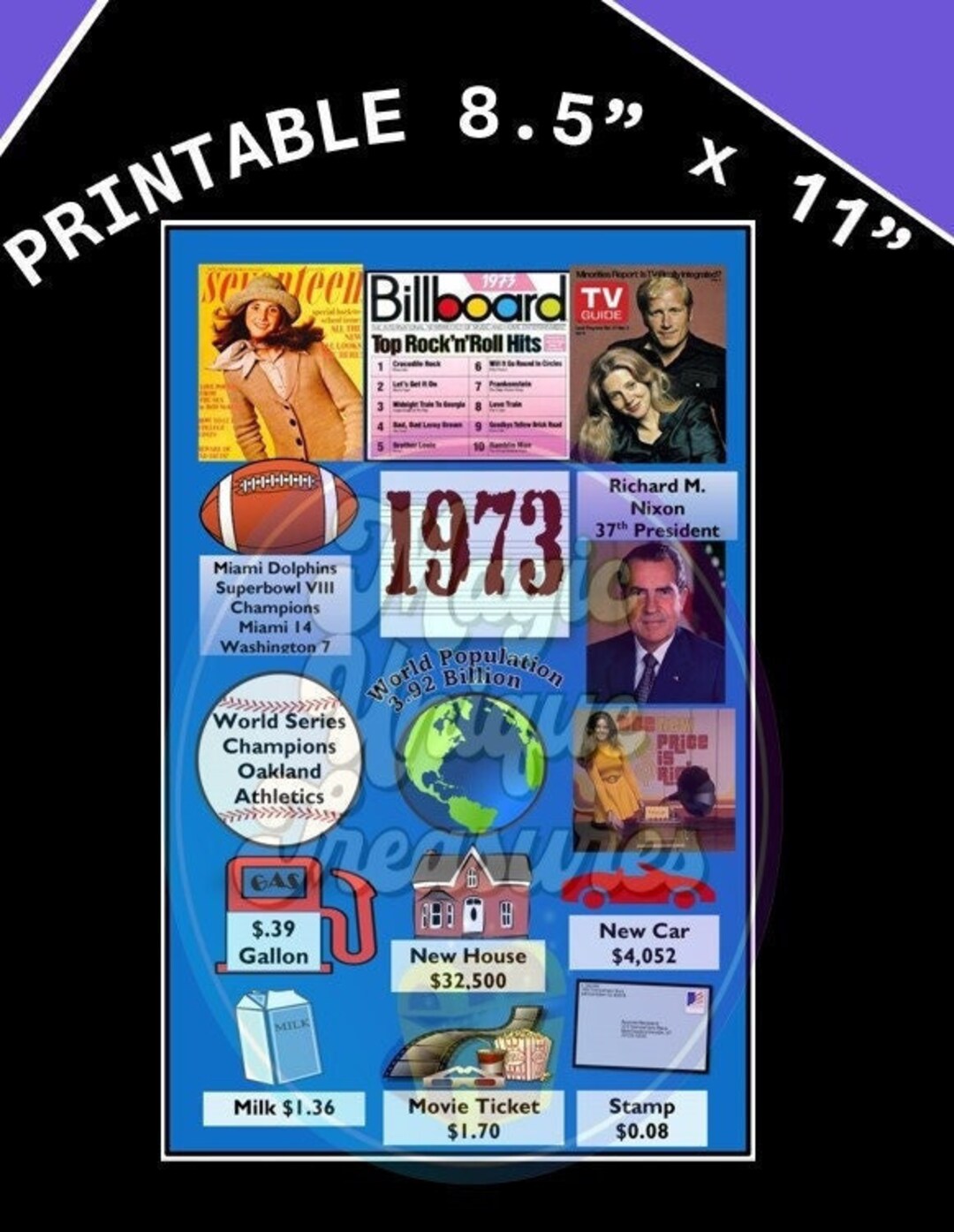 Year 1973 Fun Fact Sheet | PRINTABLE Sheet Instant Download | 50th ...