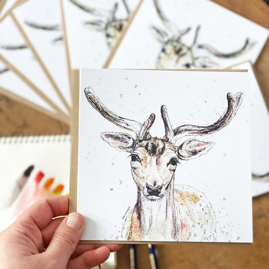 Christmas Reindeer Cards Pack of 6 Winter Watercolour - Etsy UK
