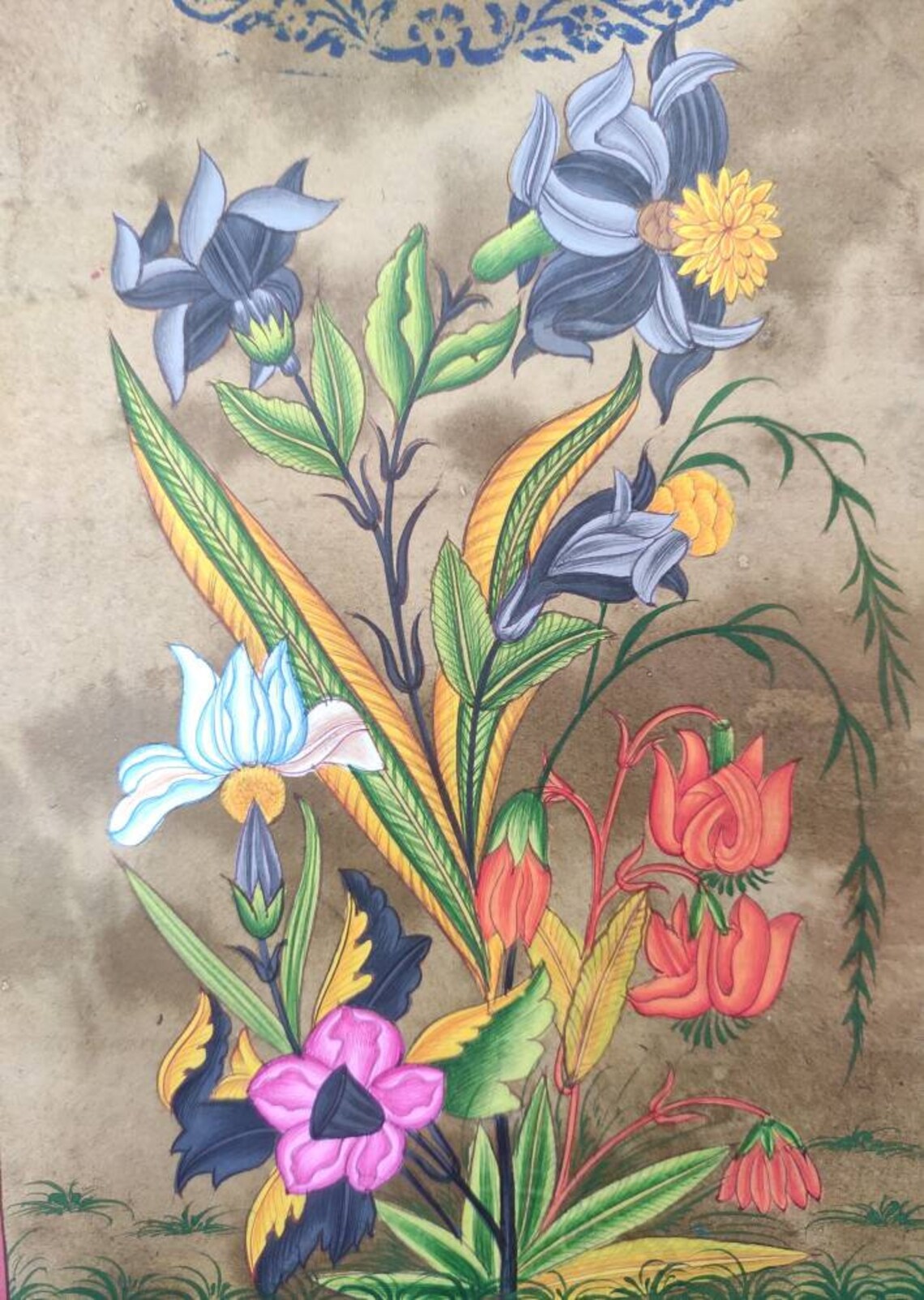 Flower Painting, Rice Paper Art, Indian Miniature Painting, Gold Border ...