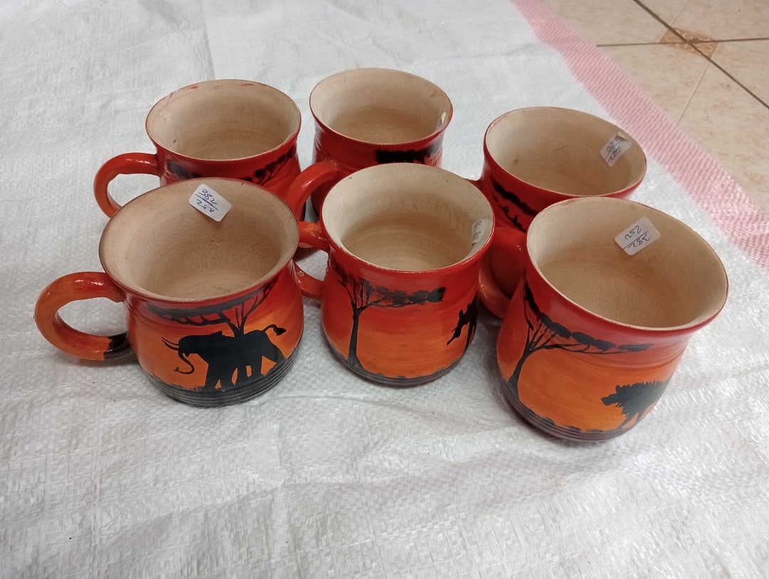 Kenyan Wood Carving,set of Six Mugs Decorated With Wildlife Colours ...