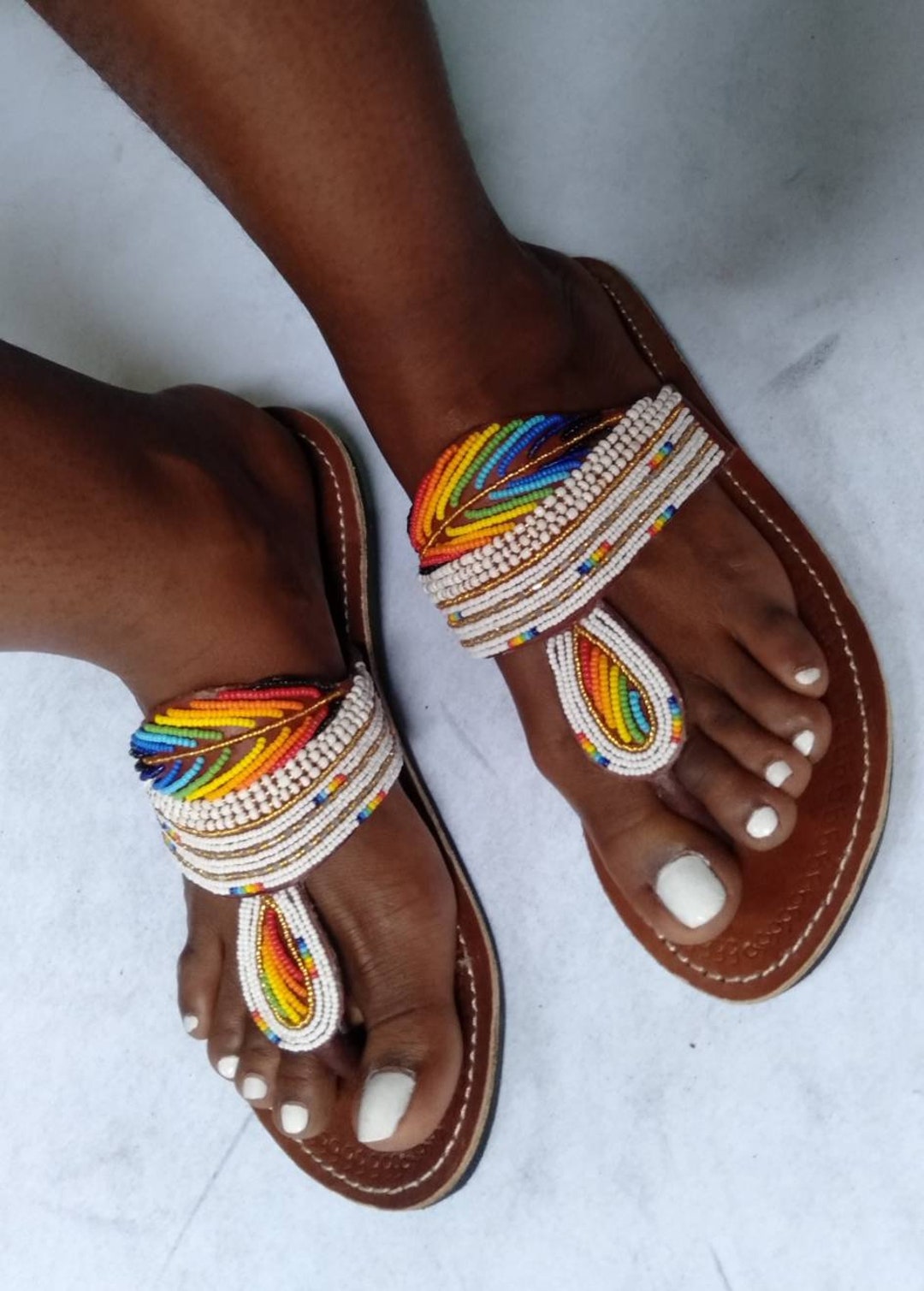 African Beaded Sandals Women Boho Sandals Women Leather Etsy
