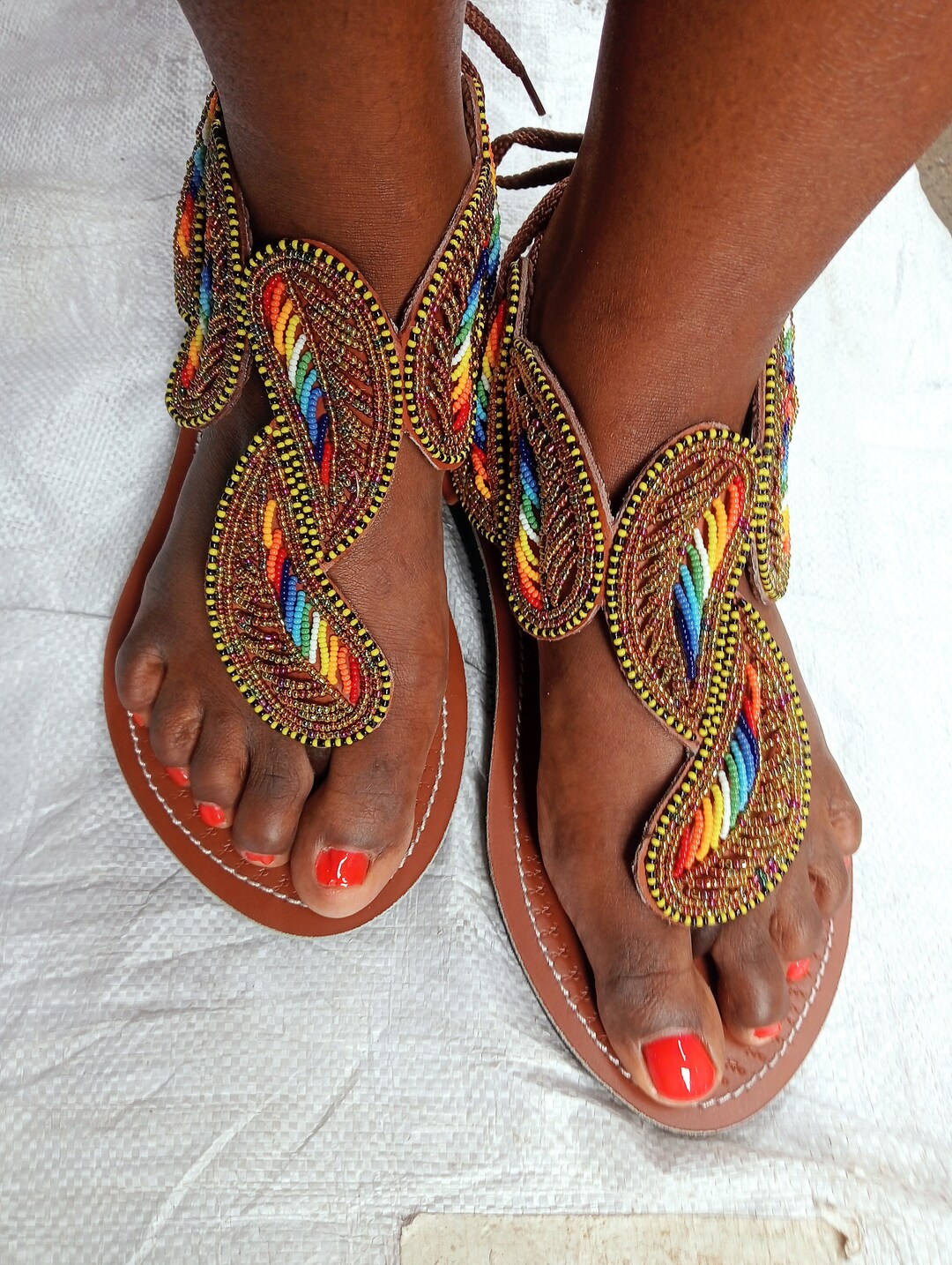 African Beaded Wedge Gradiator Sandal Women Boho, Sandals Women Leather ...