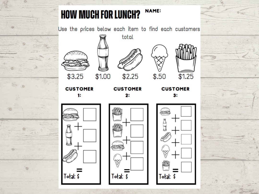 How Much for Lunch Addition Worksheet - Etsy