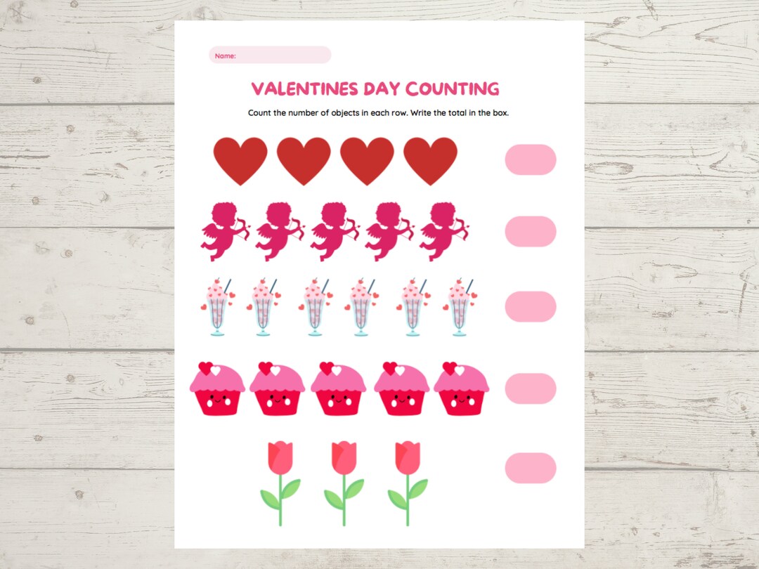 Valentine's Day Counting Worksheet - Etsy