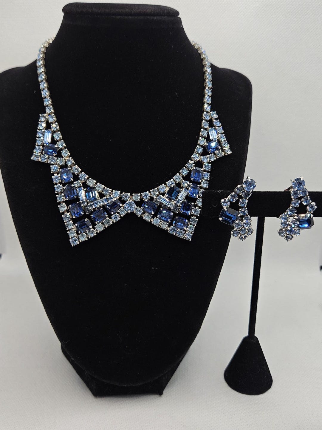Vintage SET Statement Necklace and Clip-on Earrings Royal Blue & Light ...