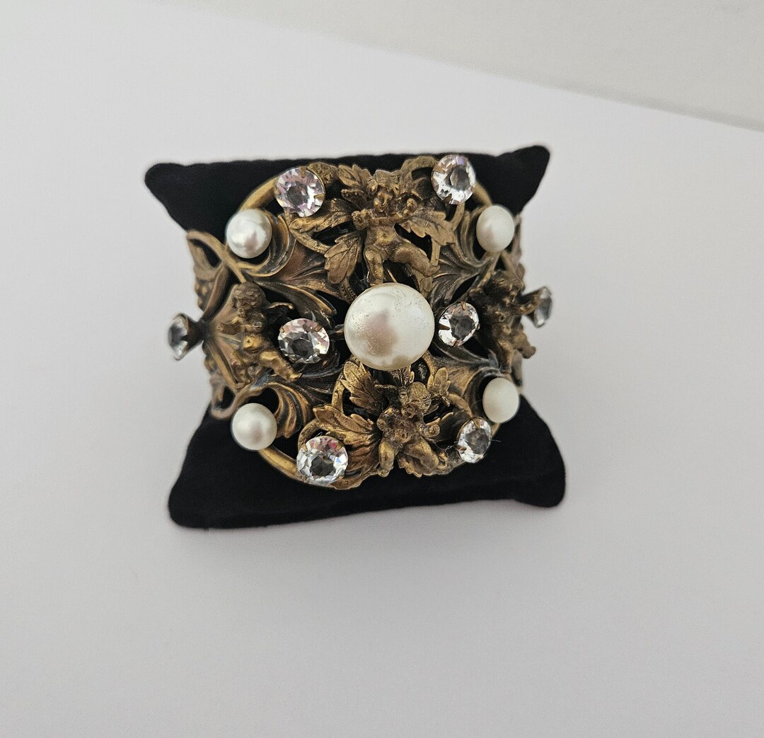 Vintage Joseff of Hollywood Cherub Cuff Bracelet: Faux Pearl & Crystal ...