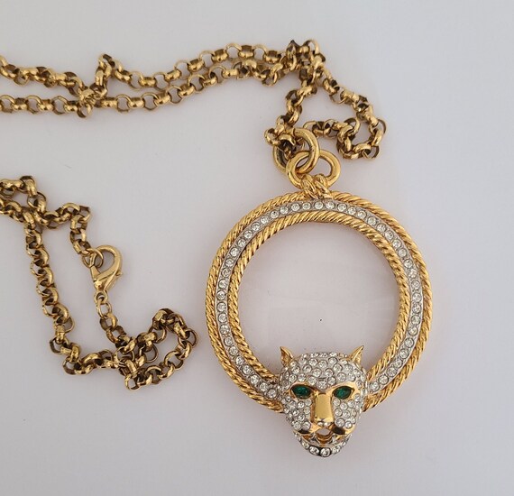 Crystal Pavé Panther Magnifying Glass Pendant Necklac Gem