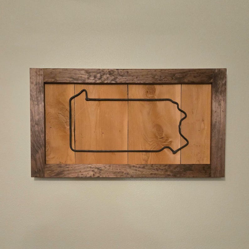 Large Hand-forged Steel State Outline Wall Art – Rustic Wood Frame ...