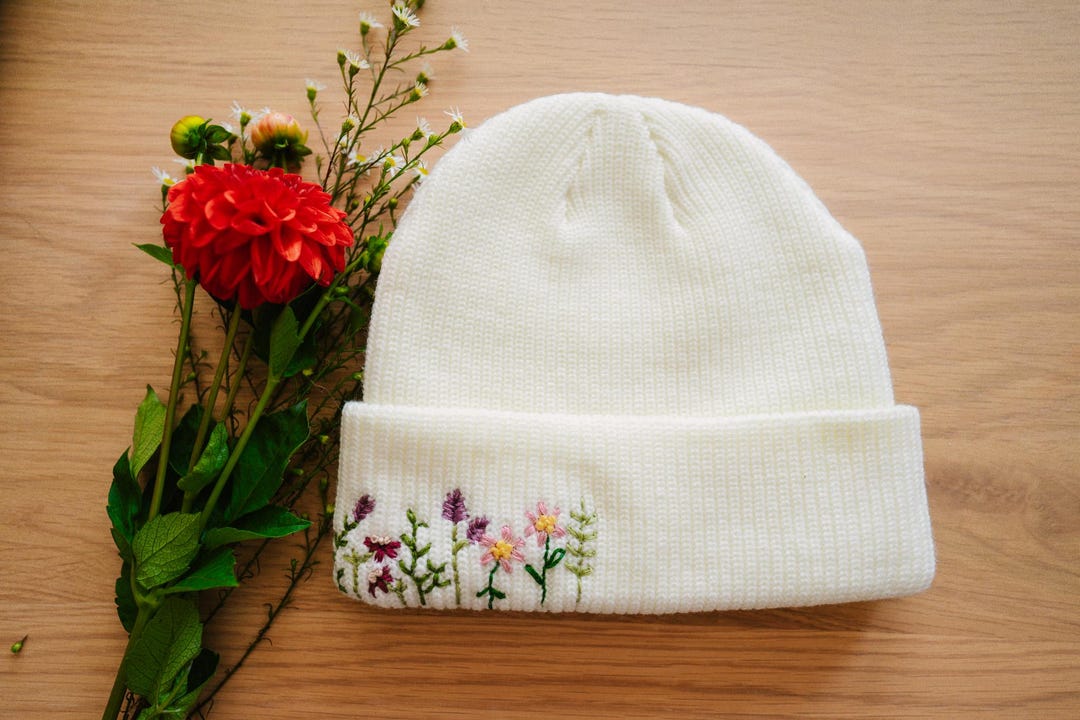 Flower Hand Embroidered Beanie - Etsy