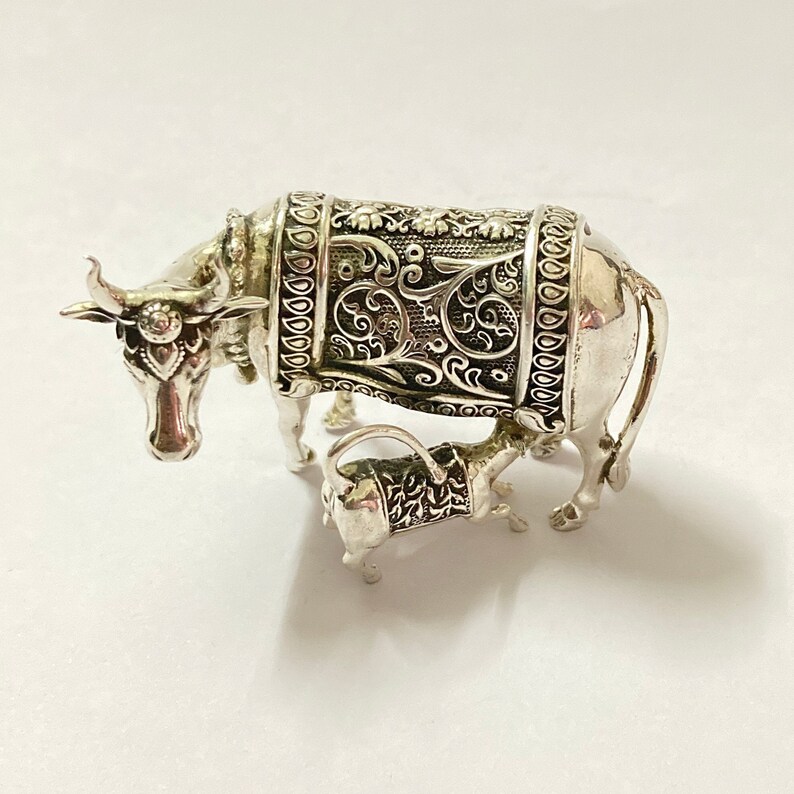 925 Sterling Silver Cow With Calf Idol / Kamdhenu Cow and Calf - Etsy