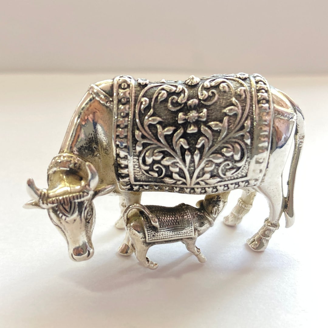 925 Sterling Silver Cow With Calf Idol / Silver Kamdhenu Cow and Calf ...