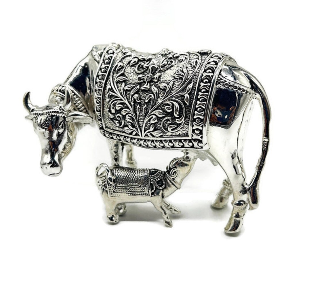 925 Sterling Silver Cow With Calf Idol / Silver Kamdhenu Cow and Calf ...