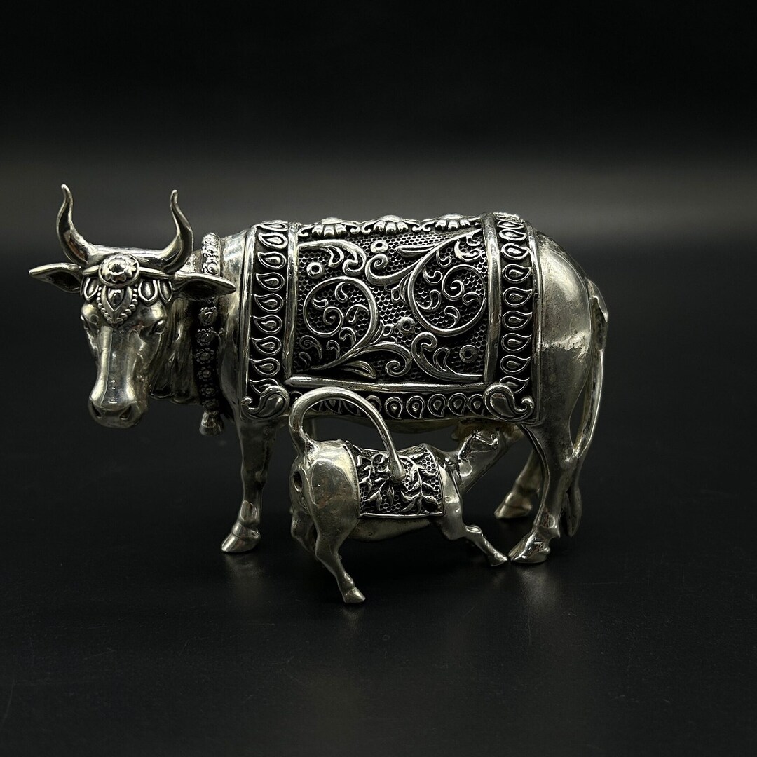 925 Sterling Silver Cow With Calf Idol / Kamdhenu Cow and Calf / Cow ...