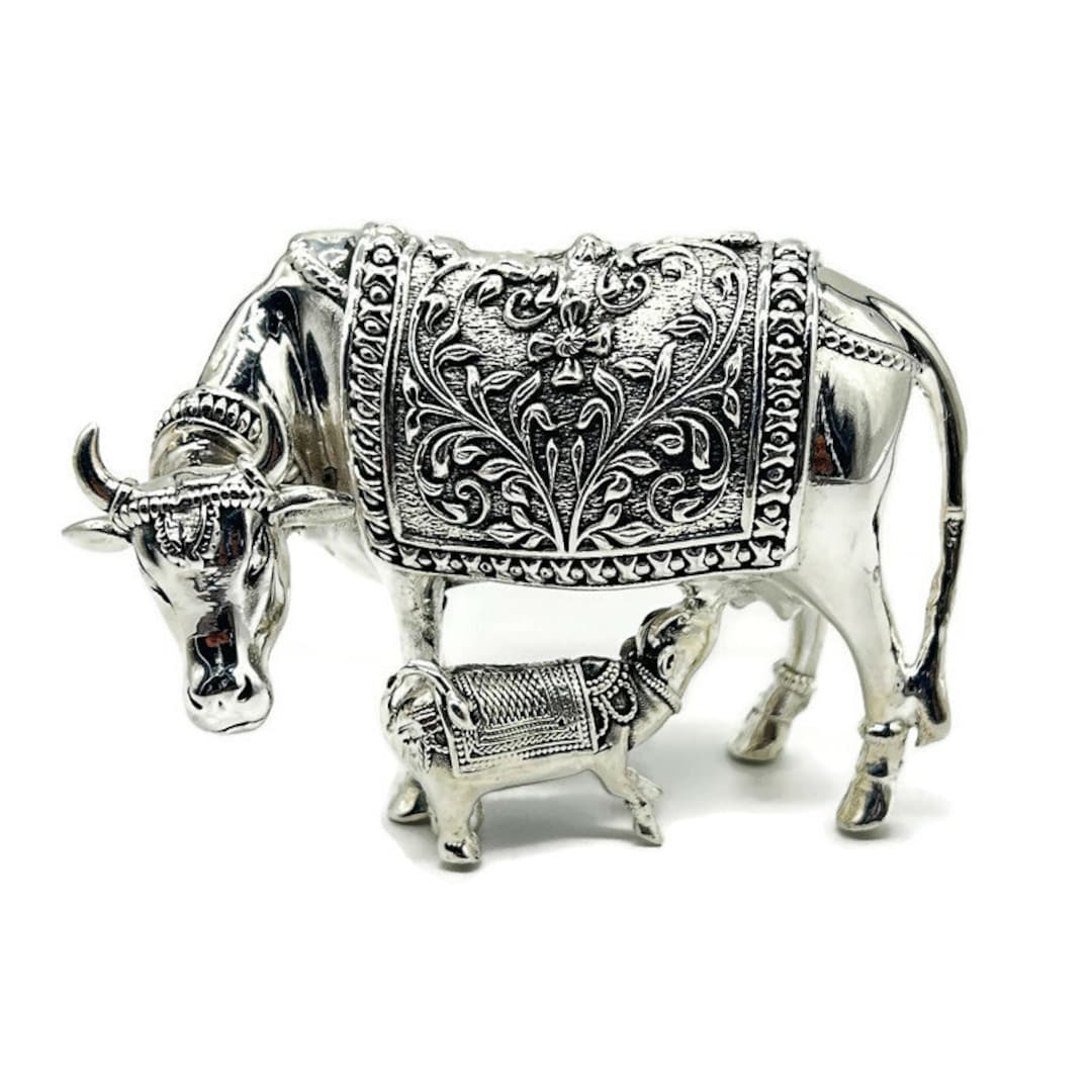 925 Sterling Silver Cow With Calf Idol / Silver Kamdhenu Cow and Calf ...