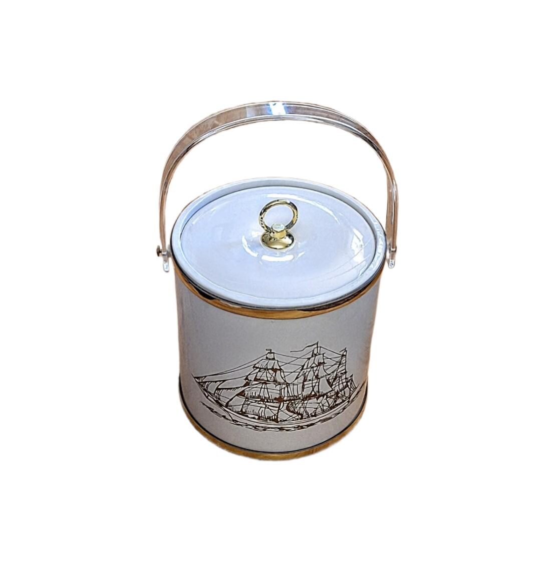 Vintage White Clipper Ship 3 Quart Ice Bucket Lucite Handle W/lid USA ...