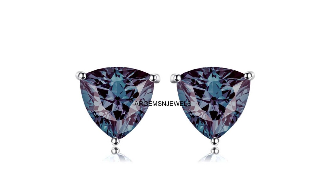 Trillion Cut Alexandrite Earrings, Color Change Alexandrite Earrings, 925 Sterling Silver ...
